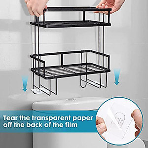 HAZYJT Over The Toilet Storage Bathroom Shelf, 2 Tier Organizer with Paper Holder, Shelves Hooks, Above Rack, No Drilling Wall Mounting Space Saver Black