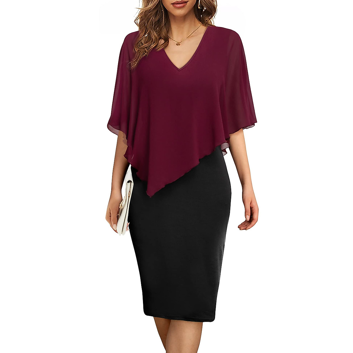 Bodhi talk Women's Solid Color Tank Dress Floral Chiffon Fake Two Pieces Dress Sleeveless Sheath Cape Dresses Dark Red X-Large