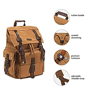 Kattee Men's Leather Canvas Backpack Large Bag Travel Rucksack Khaki