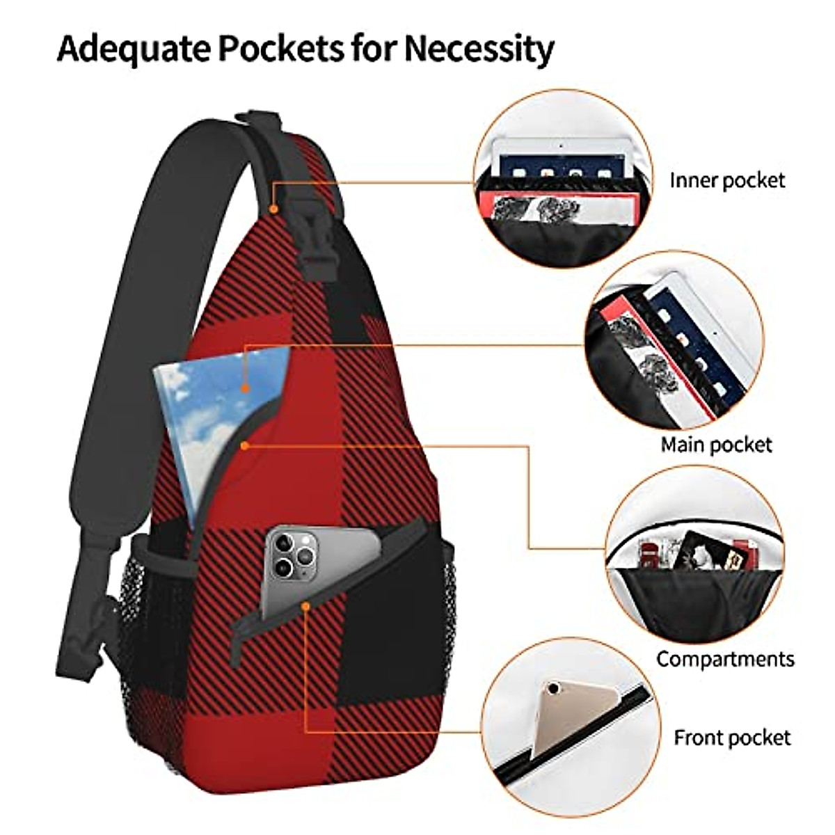 Sling Backpack Travel Hiking Daypack Lumberjack-Red-Plaid Rope Crossbody Shoulder Bag