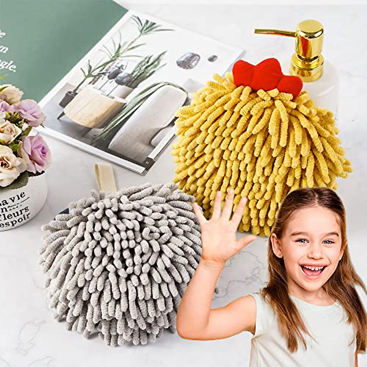 Bunnikins & Clover 4-Pack Chenille Cute Kids Hand Towel with Hanging Loop, Microfiber Plush Absorbent Toddler Hand Bath Towels for Bathroom Kitchen