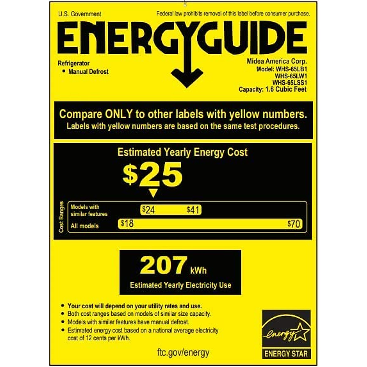 Midea WHS-65LB1 Compact Single Reversible Door Refrigerator, 1.6 Cubic Feet(0.045 Cubic Meter), Black