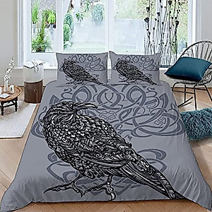 Quilt Cover Full Size Odin, Crow 3D Bedding Sets Viking, Nordic Duvet Cover Breathable Hypoallergenic Stain Wrinkle Resistant Microfiber with Zipper Closure,beding Set with 2 Pillowcase
