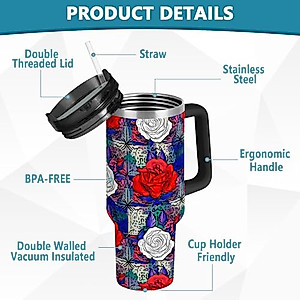 SDMKA 40oz Stainless Steel Tumbler with Straw and Handle, Vacuum Insulated Double-Walled Travel Mug, BPA-Free Leakproof Cup for Hot/Cold Beverages, Bold Red Roses