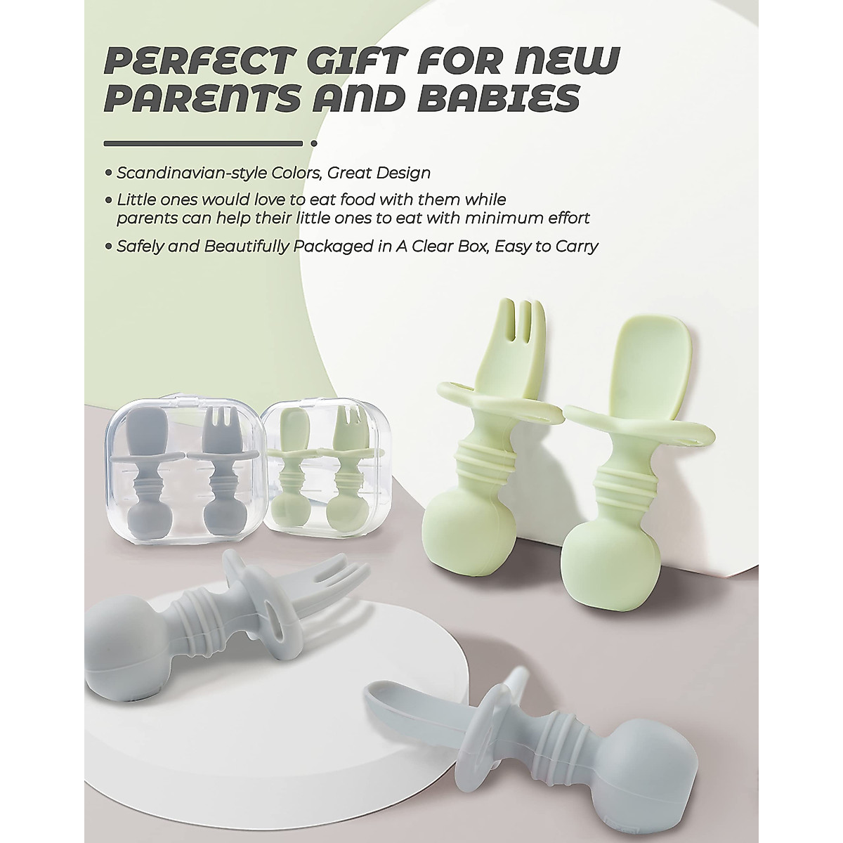 4 Pcs Baby Spoons Self Feeding 6 Months, Silicone Baby Spoons First Stage and Baby Fork, Toddler Utensils for Baby Led Weaning with 2 Cases (Green, Grey)