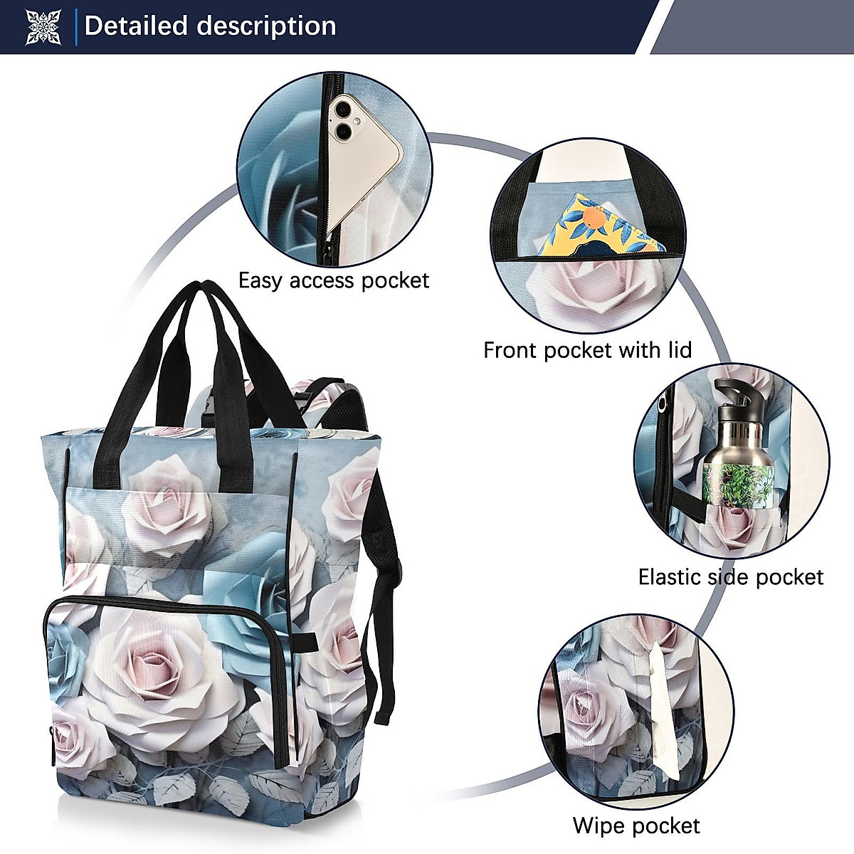 xigua Blue and White Roses Diaper Bag Backpack Multi Function Baby Changing Bags Waterproof Large Capacity Travel Back Pack for Mom Dad