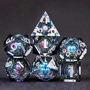 AUSPDICE DND Dice Set Handcrafted Designer 7-Die Polyhedral RPG Dice with Sharp Edges and Beautiful Inclusions for Aesthetic Conscious Tabletop RPG Player Galaxy Series (Dark Color)