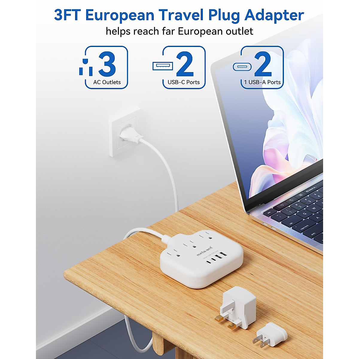 European Travel Plug Adapter, US to European Plug Adapter with 3 American Outlets & 4 USB, 3ft European Power Cord, International Travel Power Strip, Type C for Europe EU Germany France, Travel, White