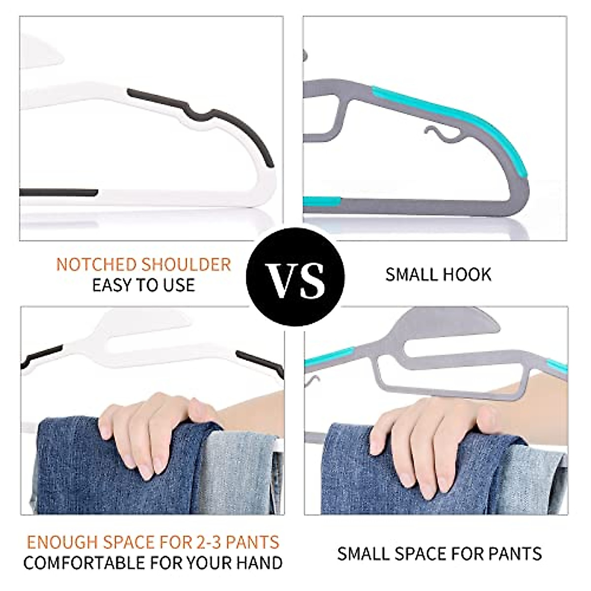 DAMAHOME 50PK Coat Hangers Non Slip - Space Saving Plastic Clothes Hangers, Slim Pant Hangers, U-Slide, Heavy Duty, 360°Swivel Hook, White