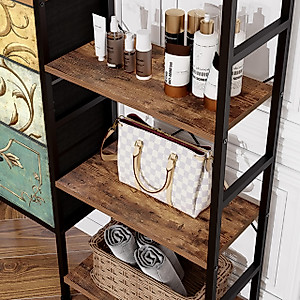 Tohomeor Triple Wide Bookcase with 3 Retro Flower Fabric Storage Drawers 4-Tier Bookshelf with 9 Open Display Shelves Industrial Bookshelf for Bedroom Home Office Living Room