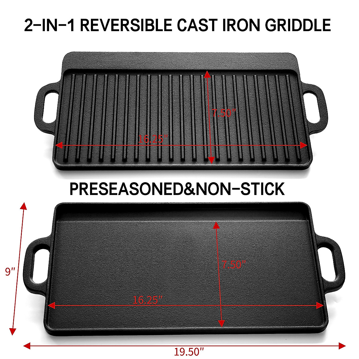 Keleday 20 Inch Cast Iron Griddle Pre-Seasoned Cast Iron Reversible Grill Griddle Pan with Two Handles Square Grill Pan for Stove top Oven and Camping Fire Indoor and Outdoor Use