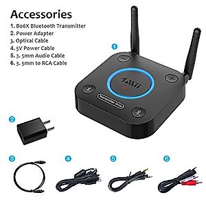 1Mii B06TX Bluetooth 5.0 Transmitter for TV to Wireless Headphone/Speaker, Bluetooth Adapter for TV w/Volume Control, AUX/RCA/Optical/Coaxial Audio Inputs, Plug n Play, aptX Low Latency & HD