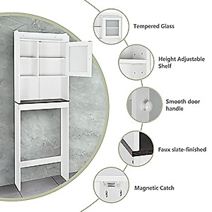 ZenStyle Over The Toilet Storage Cabinet Wood Bathroom Spacesaver Storage Organizer with Adjustable Shelves, Tempered Glass Door and Cubby, Soft White