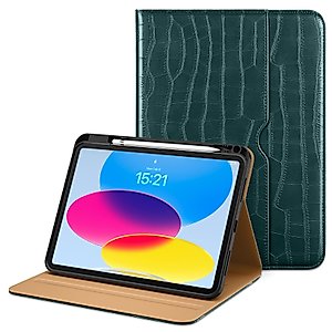 VIKESI Crocodile Case for iPad 10th Generation 2022, iPad 10.9 Inch Leather Smart Folio Cover with Pencil Holder and Hand Strap,Support Auto Sleep/Wake - Forest Green