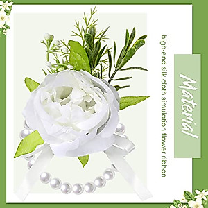 10 Pcs Ivory Rose Wrist Corsage Wristlet Band Prom Hand Flower Bride Wrist Corsage White Wedding Corsage Bracelet Bridesmaid Wristband for Women Homecoming Bridal Shower Accessories (Pearl Style)