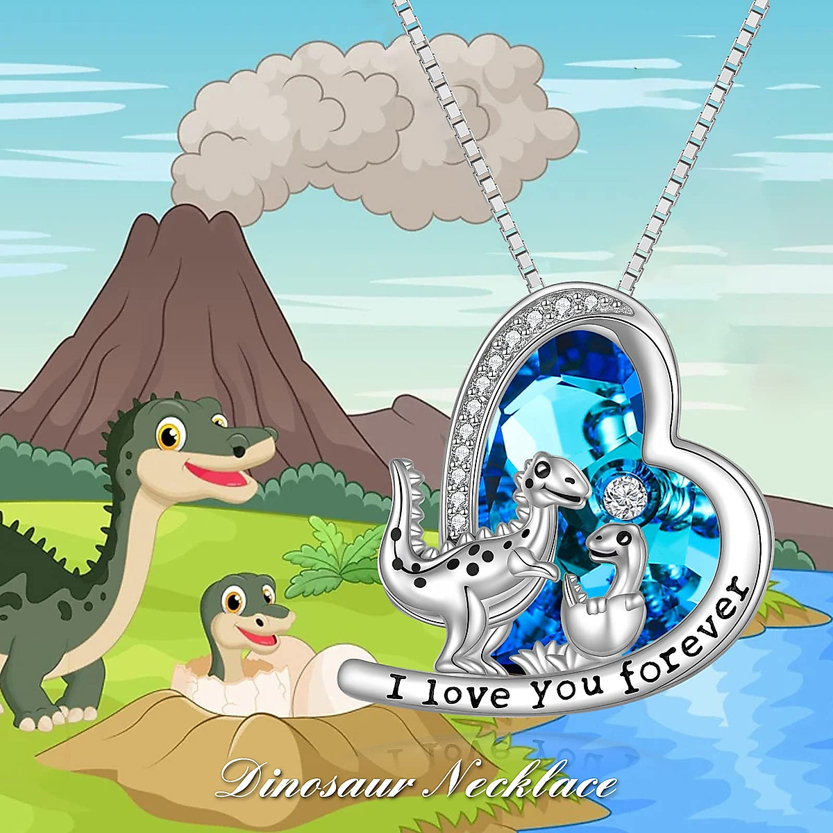 POPKIMI Dinosaur Gifts for Women Dinosaur Mother Necklace Sterling Silver Crystal Love Heart Dinosaur Pendant Necklaces I Love You Forever Jewelry Gifts For Women Mother Daughter