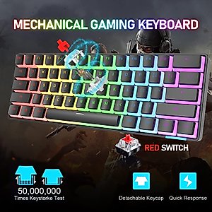Mini Wireless 60% Dual Mode BT5.0/USB-C Wired Mechanical Gaming Keyboard with Pudding Keycaps Rainbow Backlit Ergonomic Rechargeable Anti-ghosting 61Key for PC Typist Mac Gamer(Black PBT/Red Switch)