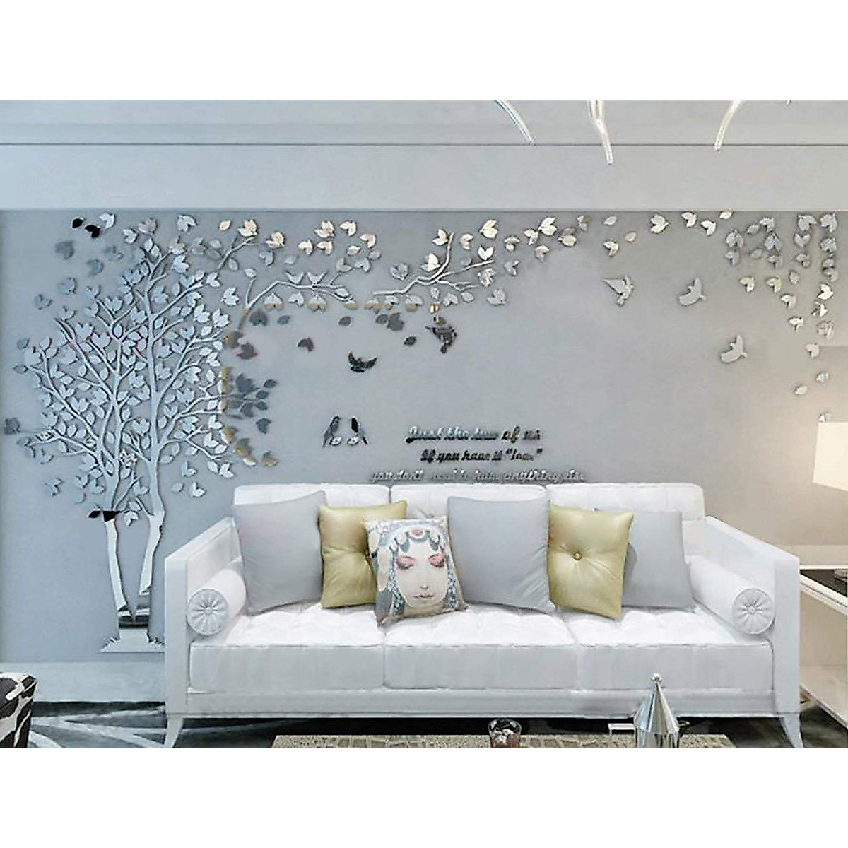 3D Tree Wall Stickers - DIY Tree and Birds Wall Decals Family Couple Tree Stickers Murals Wall Decor for Living Room Bedroom TV Background Home Decorations(Silver Left,M-98X51in)