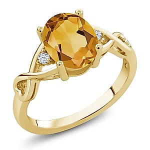 Gem Stone King 18K Yellow Gold Plated Silver Yellow Citrine and White Topaz Engagement Ring For Women | 1.55 Cttw | Oval 9X7MM | Gemstone Birthstone | Ring Size 5-9