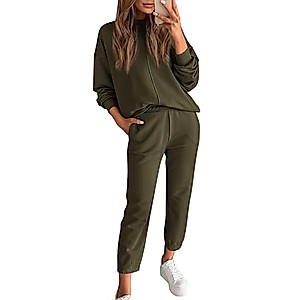 BTFBM Women's Fall Winter Sweatsuits Long Sleeve Sweatshirt Jogger Pants Lounge Sets 2 Piece Tracksuit Outfits Pockets(Solid Army Green, Medium)