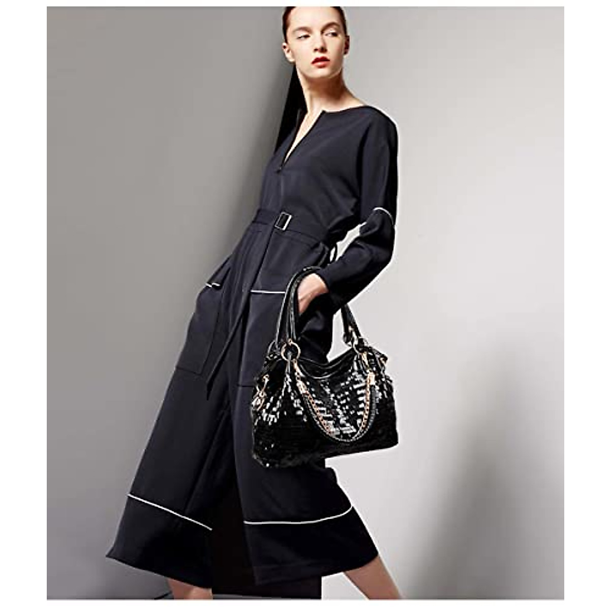 Women Patent Hobos Shiny Top-Handle Bags Chain Handbags Large Shoulder Bags for Ladies Sequin Purse (Patent BLack)