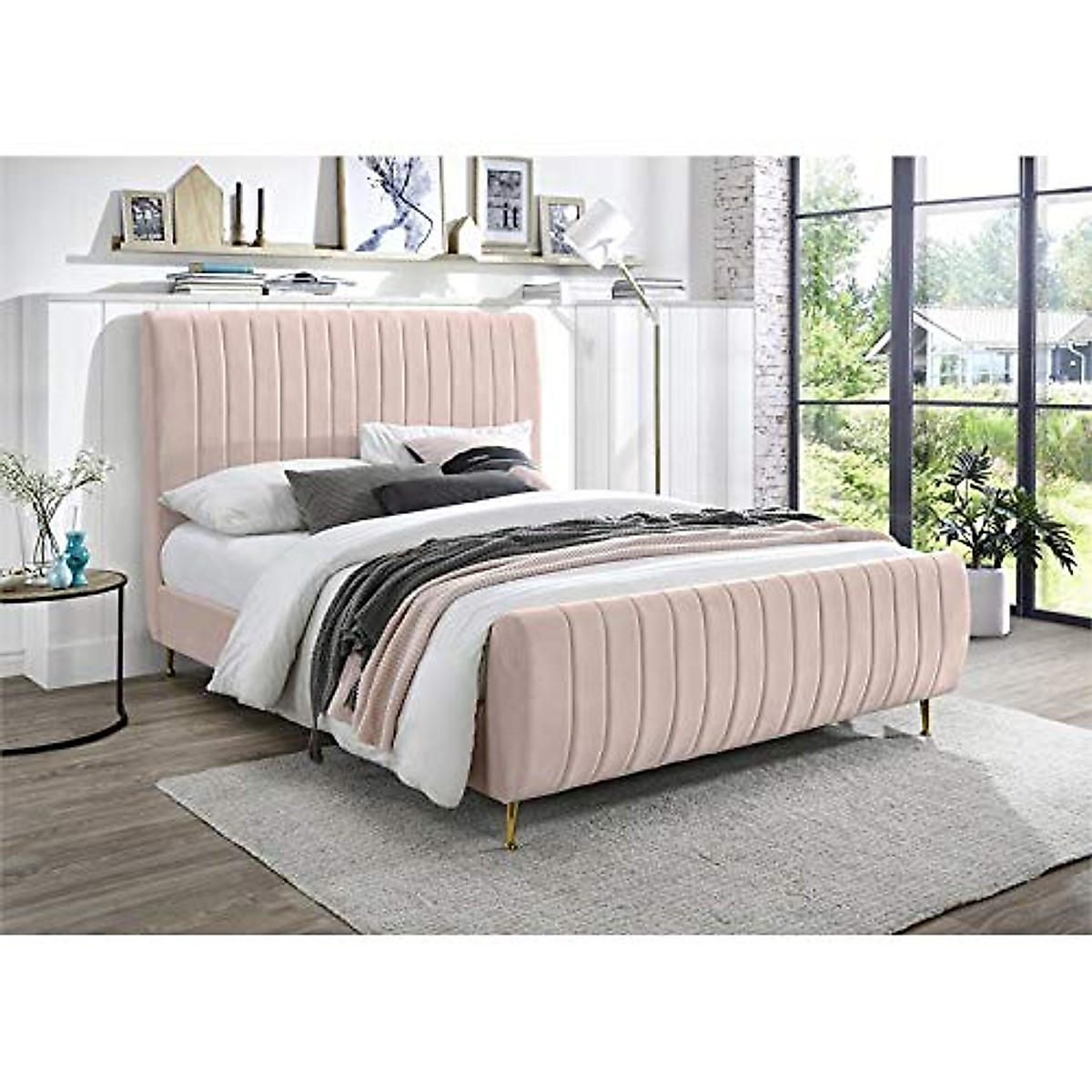 Meridian Furniture Zara Collection Modern | Contemporary Velvet Upholstered Bed with Deep Channel Tufting and Custom Gold Legs, King, Pink