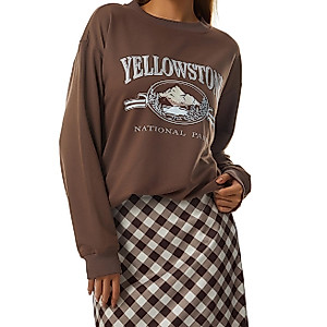 KOSUSANILL Women Graphic Crewneck Sweatshirt Y2k E Girl Aesthetic Vintage Printed 90s Streetwear Casual Long Sleeve Going Out Tops Pullover (Brown Letter, Large)