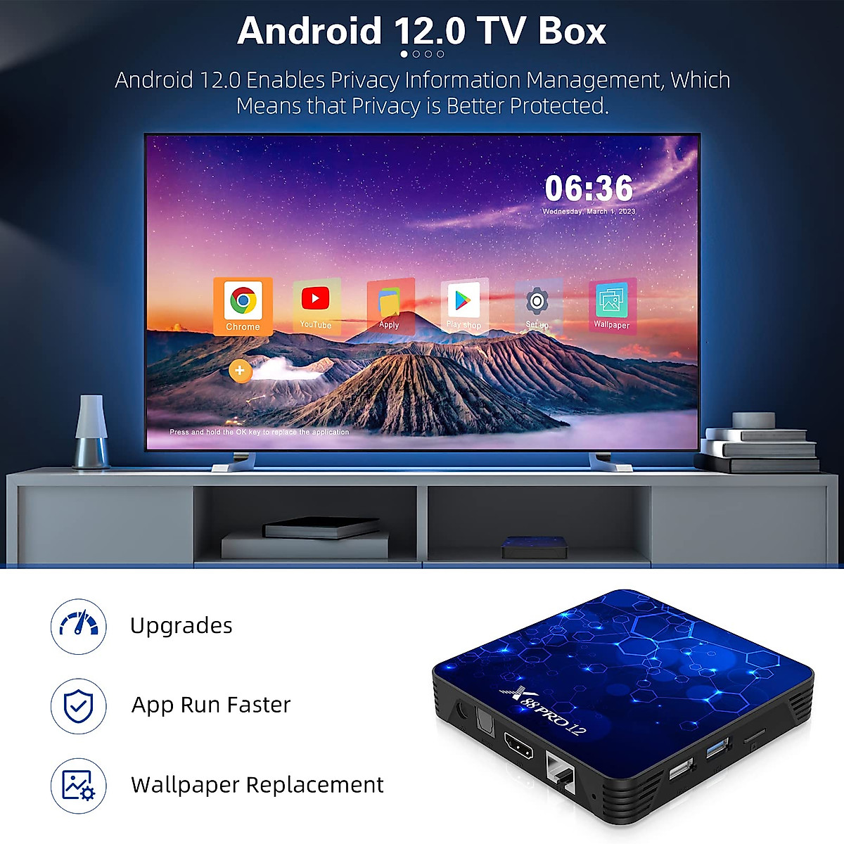 Android 12.0 TV Box, X88 PRO 12 Android TV Box 4GB RAM 32GB ROM RK3318 Quad-Core 64bit Support 4K 3D HD H.265 Ethernet 2.4G/5G Dual-Band WiFi BT5.0 Smart TV Box
