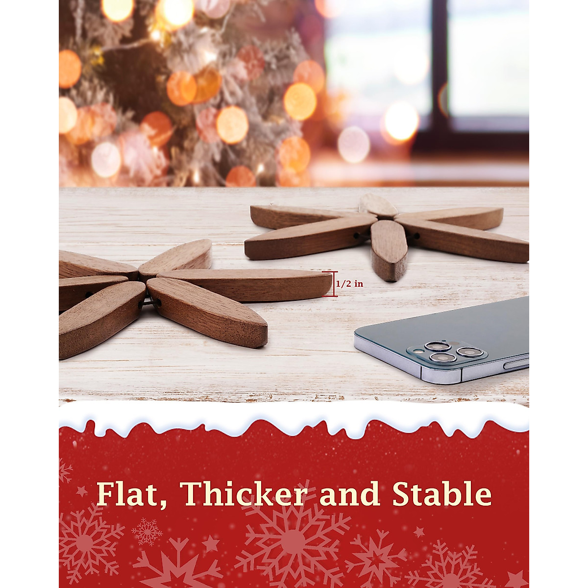 Wooden Tree Coasters with Holder, Wooden Trivets for Hot Dishes Decorative Christmas Tree Shape Includes 3 Pcs Hot Plate Mats, Tree Trivets for Hot Pots and Pans, Hot Pads for Countertop, Sapele