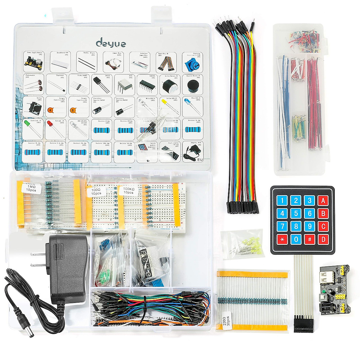 DEYUE 398 Electronic Starter Fun Kit Bundle | Basic Electronics Components Starter Kit | for Arduino, Raspberry Pi, STM32 | Power Supply Module, Power Adaptor, Jumper Wire