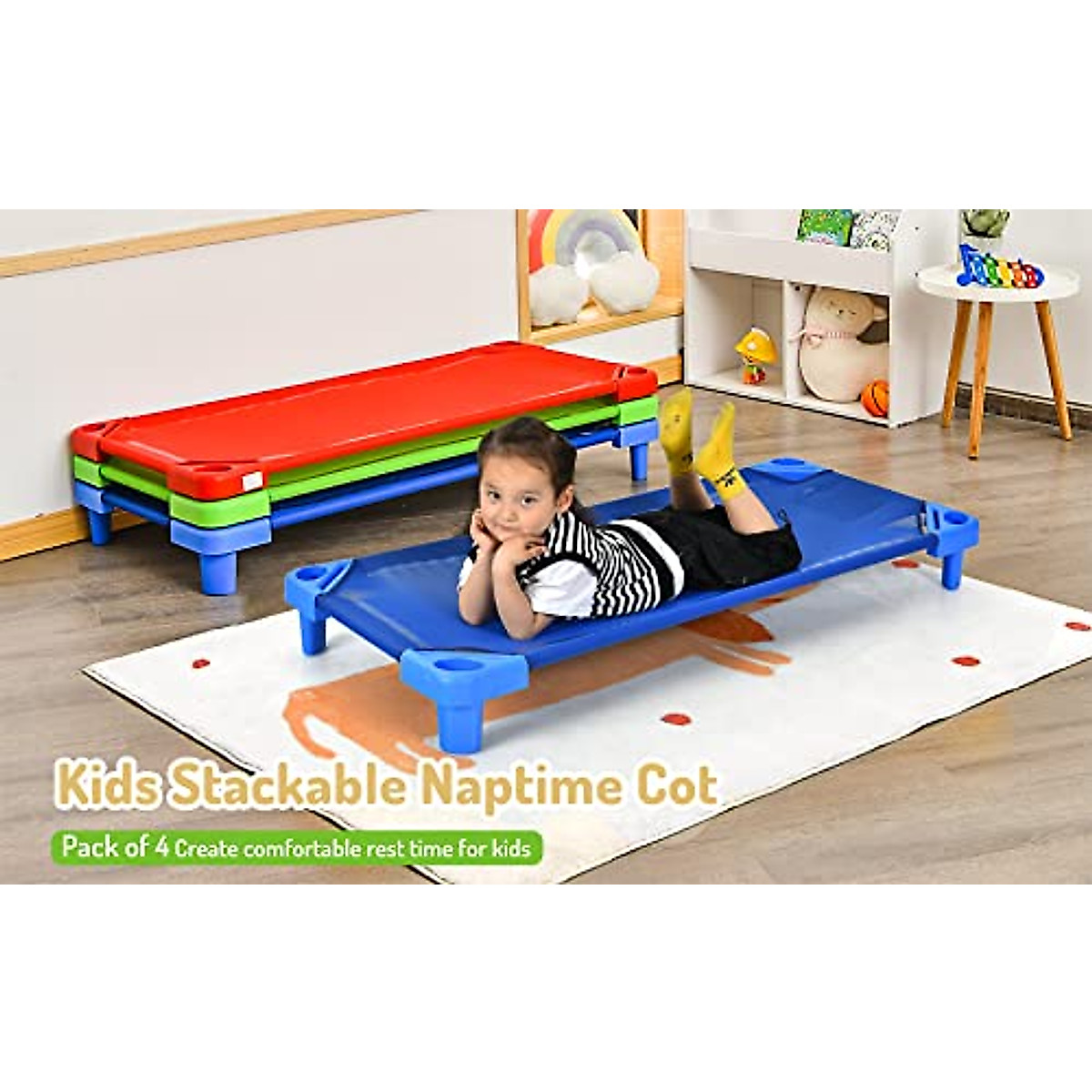 KOTEK Stackable Sleeping Daycare Cots for Kids, Portable Toddler Nap Cots, 52" L x 23" W, Ready-to-Assemble, Space-Saving Children Naptime Cot for Classroom Preschool (Set of 4)