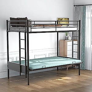 KNAMOTL Twin Over Full Bunk Bed, Heavy Duty Bunk Bed Frame with Integrated Side Ladder & Upper Guard Rails, Space-Saving Design, Metal Bunk Bed for Teens Adults Bedroom, No Box Spring Needed, Black