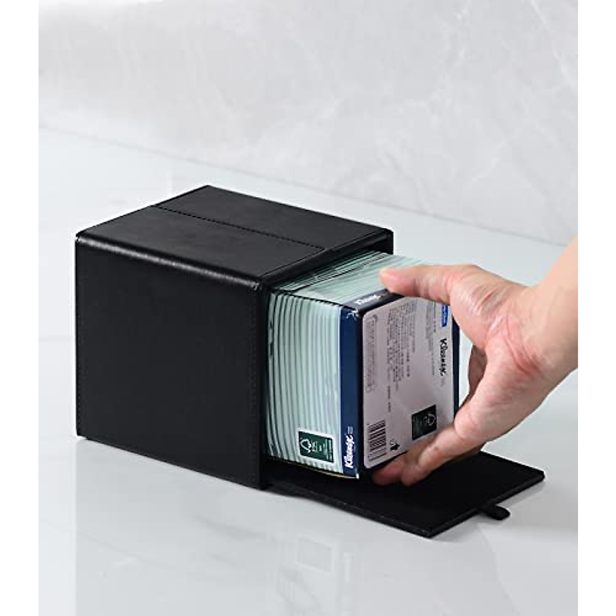 GOLRANLYE Tissue Box Cover Square Multifunctional PU Leather Facial Tissue Box Holder for Dresser Bathroom Decor (Black)