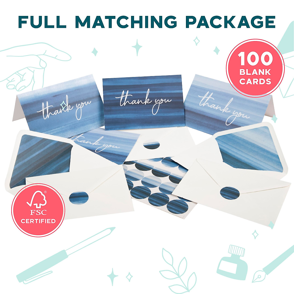 VNS Creations 100 pack Thank You Cards with Envelopes & Stickers - Classy 4x6 Blank Thank You Cards Bulk Box Set - Large Thank You Notes for Wedding, Small Business, Baby & Bridal Shower (Ombre)