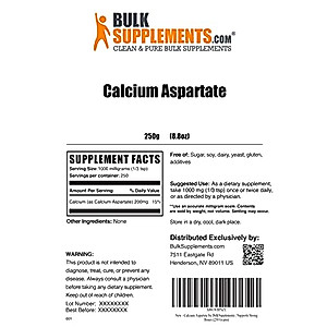 BulkSupplements.com Calcium Aspartate Powder - Calcium Supplement Powder - Calcium Aspartate 200mg - Vegan Calcium - 1000mg (200mg Calcium) per Serving, 250 Servings (250 Grams - 8.8 oz)