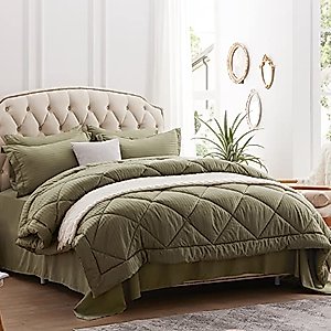 NexHome Bed in a Bag Comforter Sets Queen Green All Season Down Alternative Comforter Soft Microfiber Dobby Stripe 7 Pieces-1 Comforter 2 Pillow Shams 2 Pillowcases 1 Flat Sheet 1 Fitted Sheet