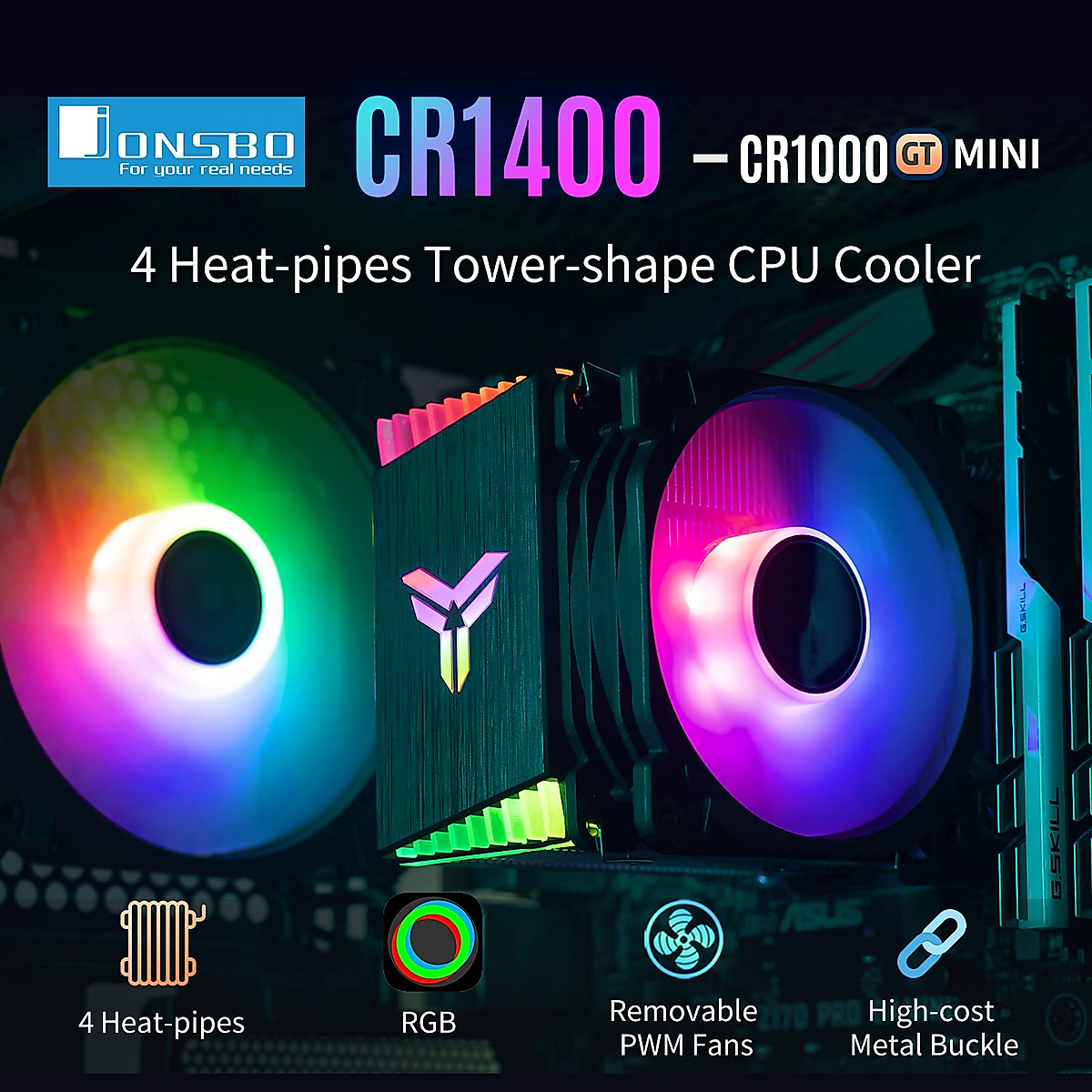 JONSBO CR1400 RGB CPU Air Cooler, 92mm PWM CPU Cooler with 4 Heat Pipes, Removable Computer PC Fans Easy to Install, Quiet Rainbow RGB Cooling Fan for Intel LGA 1700/1200/1151, AMD AM4 AM5, Black