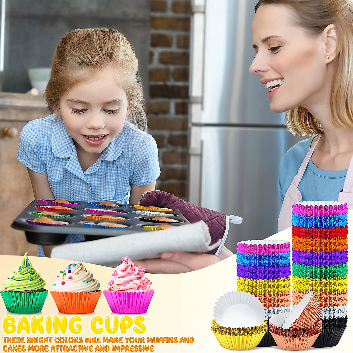 1000 Count Cupcake Liners Standard Size 2 Inch Metallic Cupcake Wrappers Cups Muffin Baking Cups for Weddings Birthdays Baby Showers Party(Various Color,2 x 1.25 Inch)