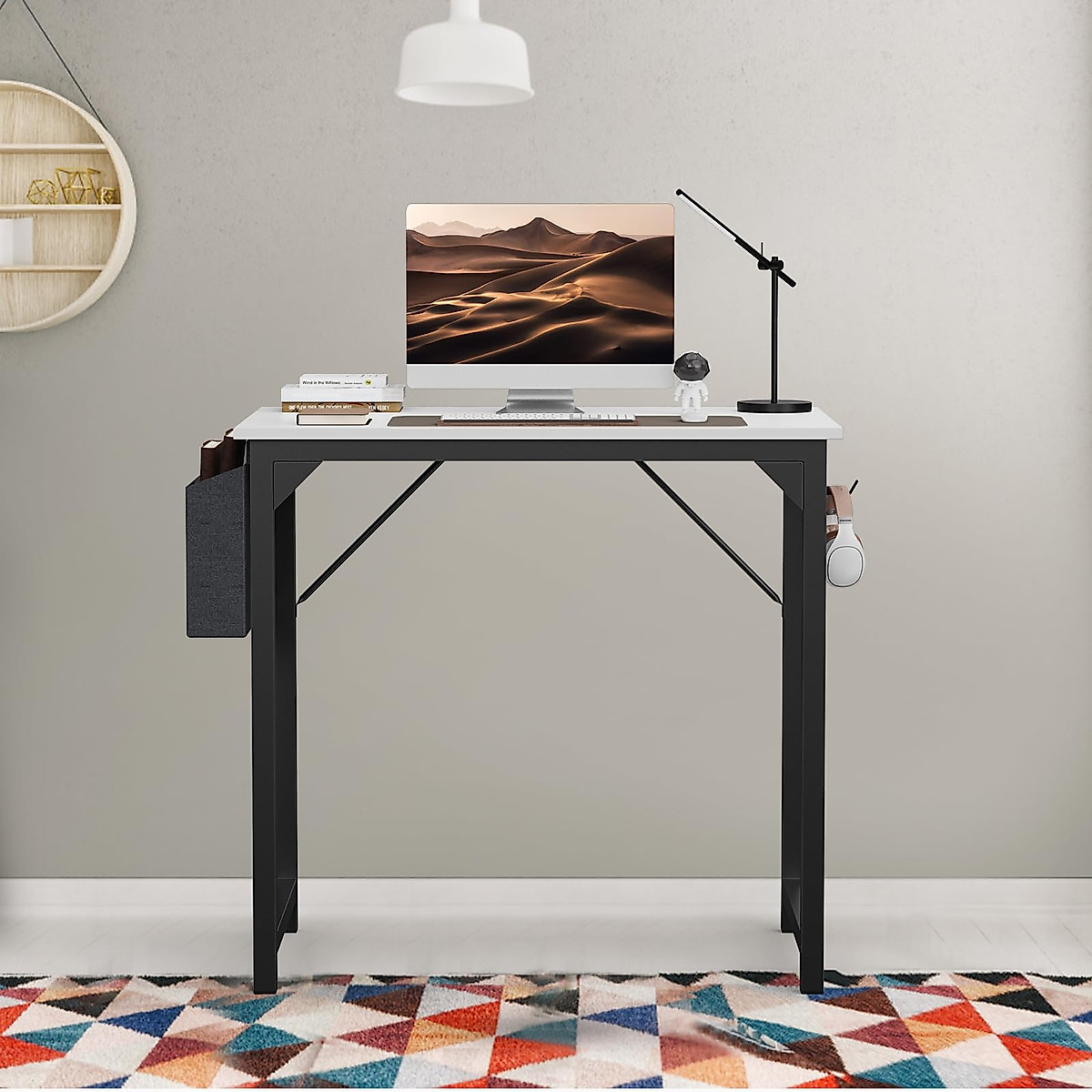 SMUG Computer Desk 32 Inch Home Office Writing Wood Desk Storage Bag & Headphone Hook Small Spaces Simple Bedroom Work Study Kids Table, White