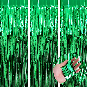 KIRIKOU Pack of 3 Green Metallic Tinsel Foil Fringe Curtains Photo Booth Props Backdrop for Birthday Bachelorette Bridal Baby Shower Party Decorations (Green, 3.2ft x 6.5ft)