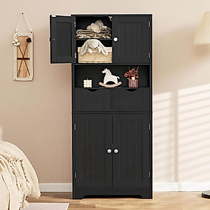 Quimoo Tall Storage Cabinet, Bathroom Cabinet with Drawers & Adjustable Shelves, Bathroom Storage Cabinet for Living Room, Kitchen, Black