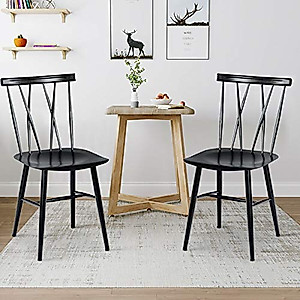 COSTWAY Dining Chair Set of 2, Farmhouse Windsor Chairs Dining Room Chairs with Spindle Back and Sturdy Metal Construction, Kitchen Side Chairs for Living Room Restaurant, Black (Height 17'')