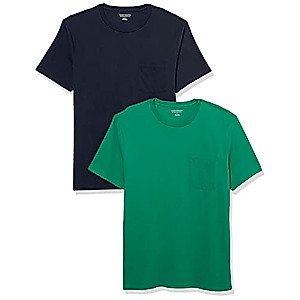 Amazon Essentials Men's T-Shirts, Short-Sleeve Crewneck Pocket, Cotton, 2-Pack, Large, Navy/Green