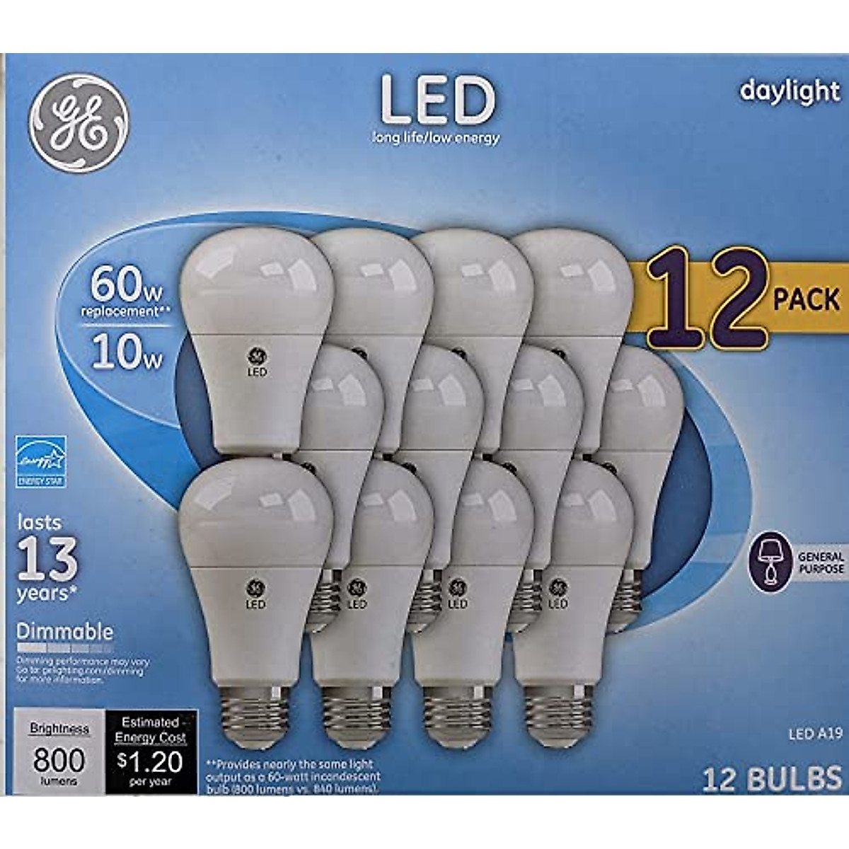 GE 60W 60 Watt Replacement Daylight LED 12 Pack, Dimmable, 800 Lumens, A19