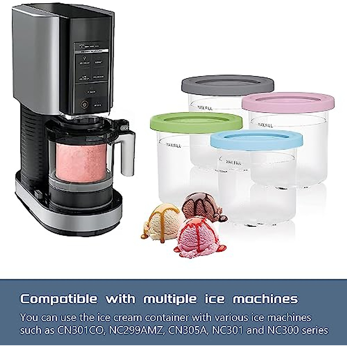 Aebitsry Containers Replacement for Ninja Creami Pints and Lids - 4 Pack, 16oz Cup Compatible with NC301 NC300 NC299AMZ Series Ice Cream Maker, BPA Free Dishwasher Safe Leak Proof, Pink/Green/Grey/Blue