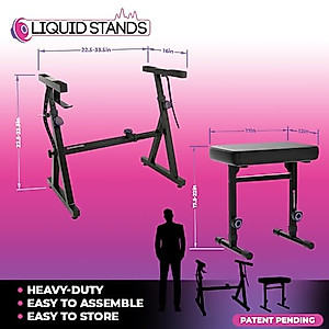Liquid Stands Piano Keyboard Stand and Bench Set - Portable Heavy Duty Digital Piano Stand for 54-88 Key Electric Pianos & Adjustable Piano Bench, Chair, Stool - Sturdy Keyboard Music Stand and Seat