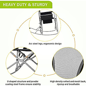 FUNDANGO Oversized Rocking Camping with Cooler Bag, Outdoor Folding Rocker Chair with Side Pocket for Travel, Picnic, Patio, Fishing Supports 300lbs Black&Grey