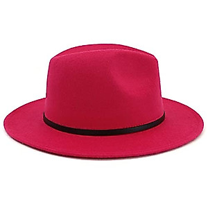 DT DANTIYA Women's Classic Wide Brim Wool Fedora Hat with Belt Buckle Felt Panama Hat Rose Red