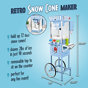 Nostalgia Snow Cone Shaved Ice Machine - Retro Cart Slushie Machine Makes 72 Icy Treats - Includes Metal Scoop, 2 Syrup Bottles, 100 Paper Cups/Spoons, Storage Compartment, Wheels - Blue, 54" Tall