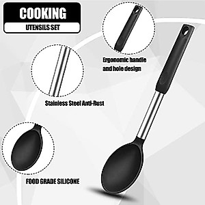 Silicone Cooking Spatulas and Spoons, 4 Pack Heat Resistant Silicone Cooking Utensils Set, Non Stick Large Kitchen Silicone Spatula and Spoons for Cooking, Mixing, Serving, Draining, Black